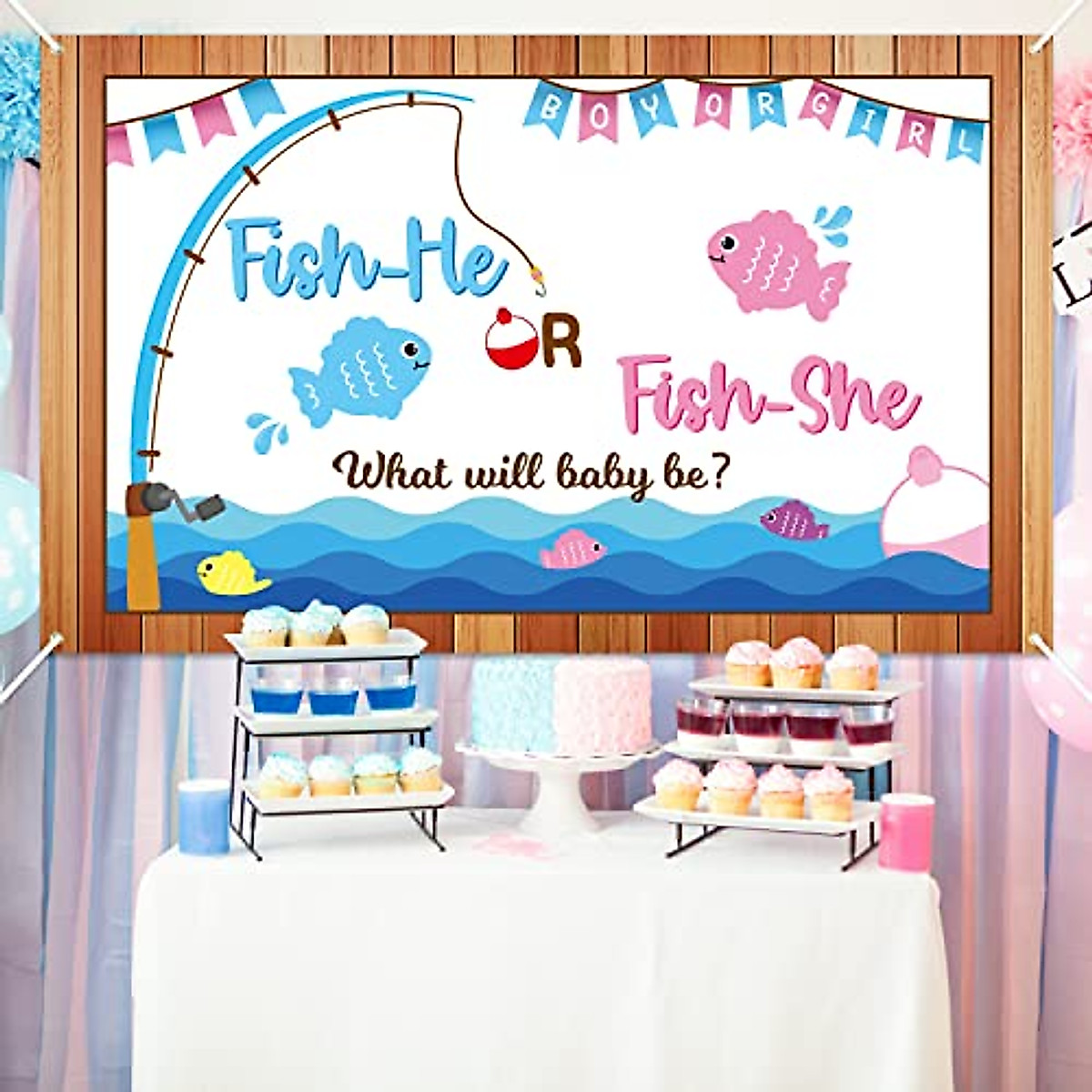 Gone Fishing Gender Reveal Poster Photo Backdrop,Fish She or Fish He Gender Reveal for Baby Boy or Girl Sign Baby Shower Decoration of Gender Reveal Backdrop