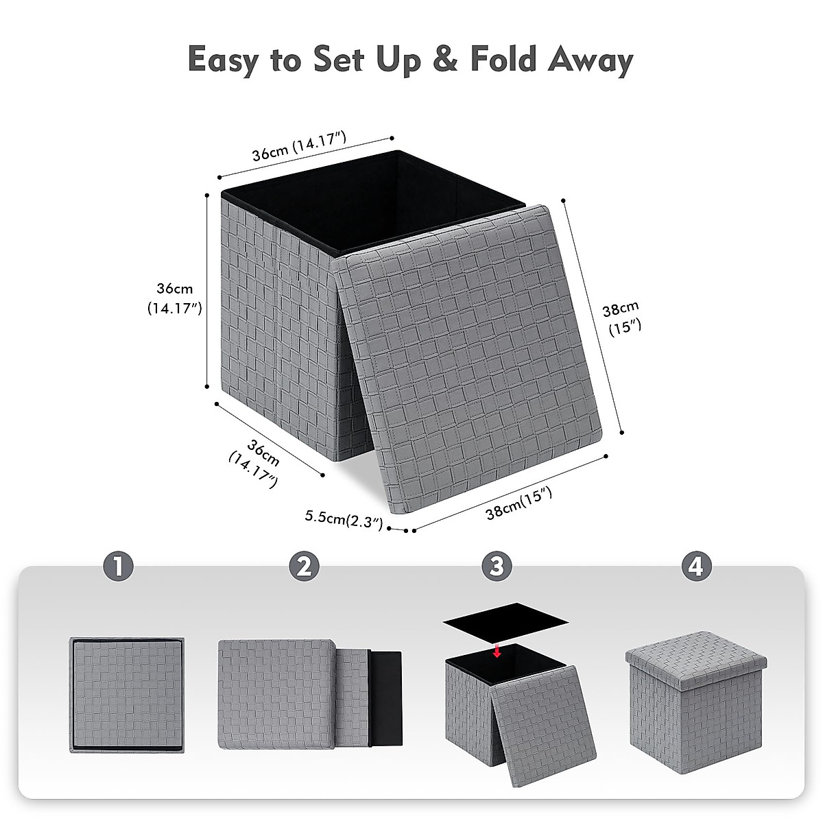 B FSOBEIIALEO Storage Ottoman, Faux Leather Footrest Seat, Ottoman with Storage Cube Toy Box Chest, 15"x15"x15" (Grey, Medium)