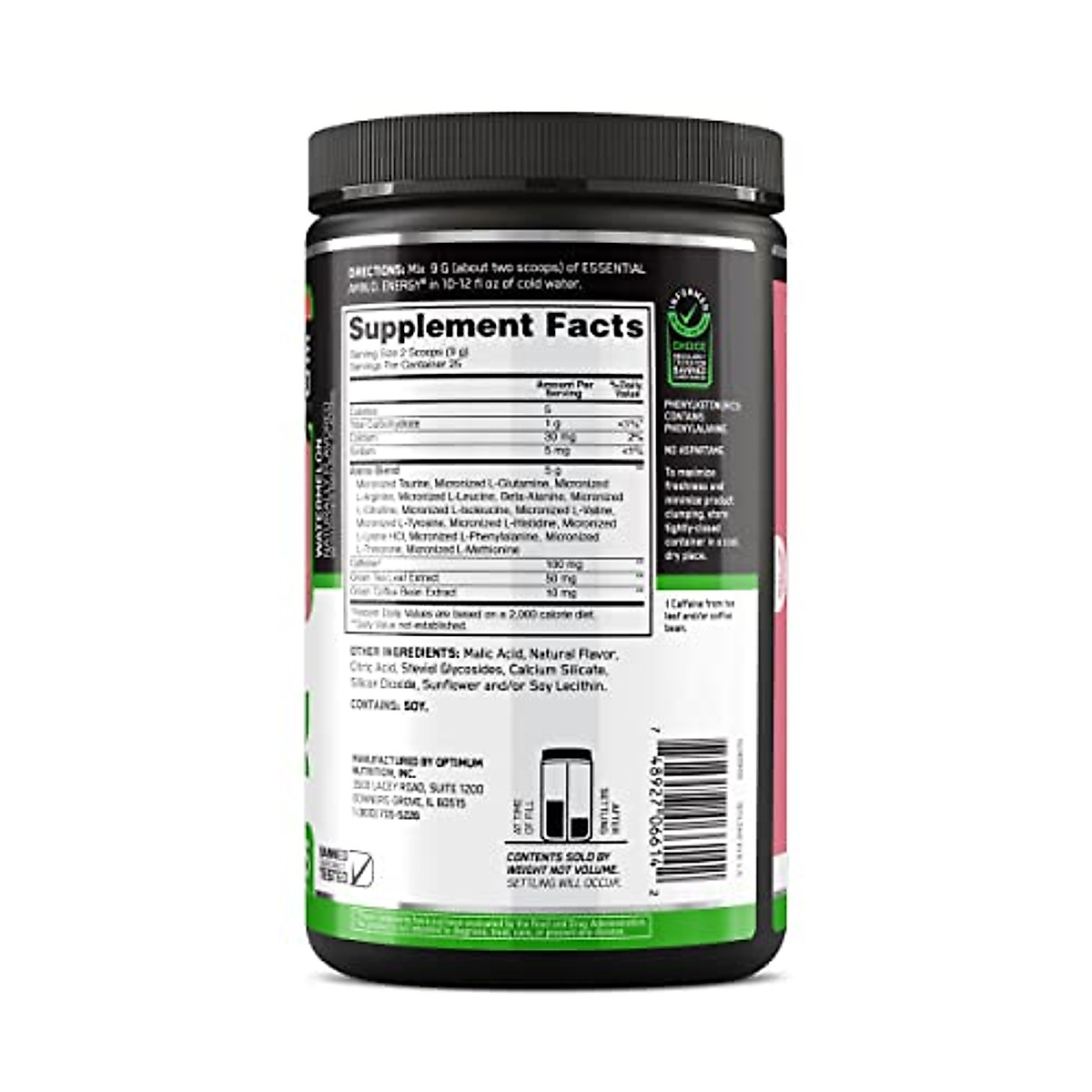 Optimum Nutrition Amino Energy Naturally Flavored Powder, Pre Workout, BCAAs, Amino Acids, Keto Friendly, Green Tea Extract, Energy Powder - Watermelon, 25 Servings