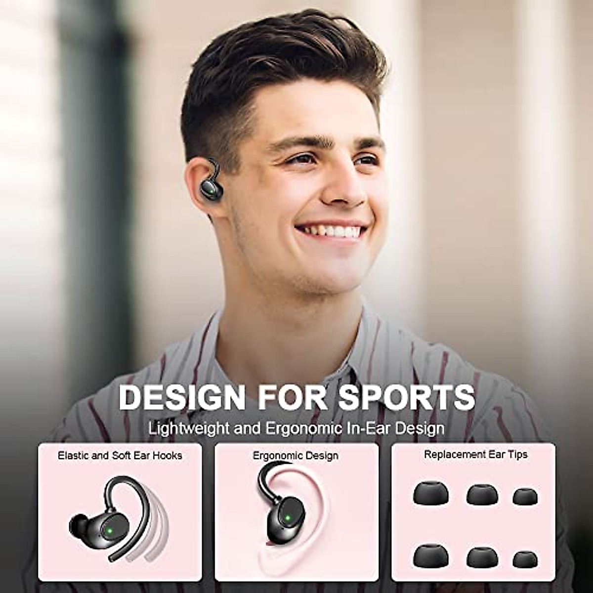 Bluetooth 5.3 Headphones Wireless Earbuds with Mic IP7 Waterproof Sport Earphones Over Ear Buds Stereo Deep Bass with Earhooks, Noise Cancelling Earbud for Workout/Running iOS Android TV Phone Laptop