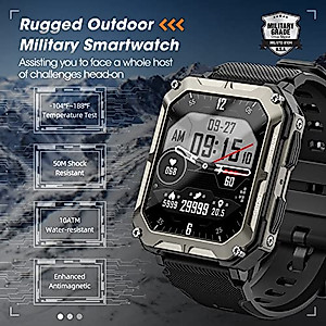 Rgthuhu Military Smart Watches for Men (Answer/Make Call), 100M Waterproof Rugged Smart Watch for Android Phones and iPhone, 1.9" Outdoor Sports Fitness Tracker with Heart Rate, Sleep Monitor, Black