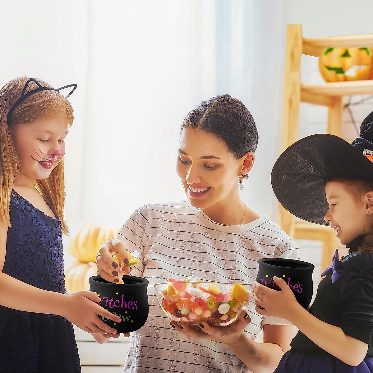 WATINC Halloween Witches Brew Candy Dish Mini Witches Cauldron Ceramic Candy Bowl Tiered Tray Decor, Trick or Treat Broomstick Snack Serving Bowl Decoration, Candy Bucket for Halloween Wizard Party