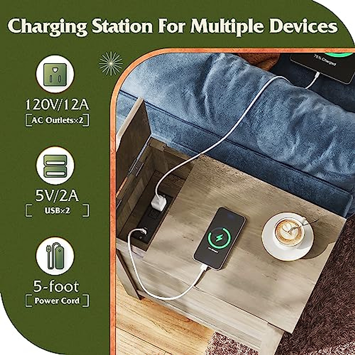 WLIVE End Table with Charging Station, Side Table with USB Ports and Outlets, Narrow Side Table for Small Spaces, Living Room, Couch, Nightstand with Storage, Greige