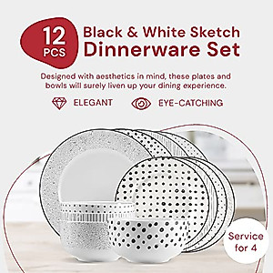 Safdie & Co. - Black & White Sketch Plates and Bowls Sets, Modern Dinnerware Set, Kitchen Dinnerware Sets, Indoor and Outdoor Plates, 12-Piece Kitchen Plates and Bowls Set, Dishwasher Safe