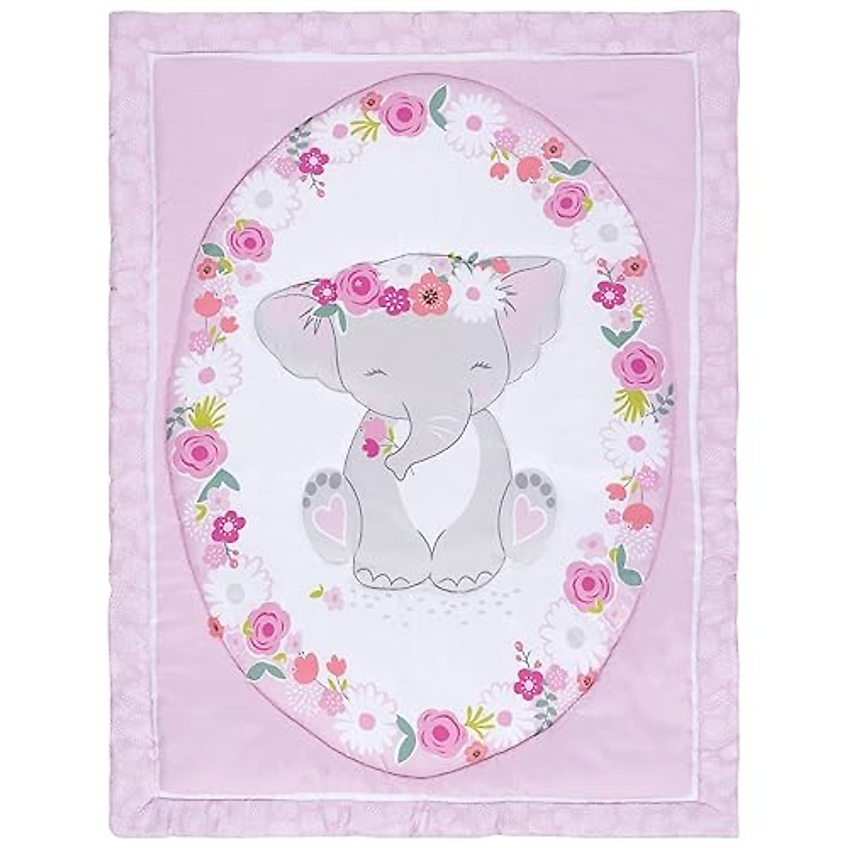 Sammy & Lou Elephant Garden 4-Piece Baby Nursery Crib Bedding Set for Girls, Includes Quilt, Fitted Crib Sheet, Crib Skirt, and Plush Toy