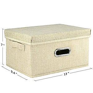 Collapsible Fabric Storage Box with Lid and Handles, Linen Storage Containers, Nursery Storage Basket for Gifts, Books, Magazines, CDs, Kids Toys, Clothes, Underwear, Makeup, 13" x 9.4" x 7", Beige