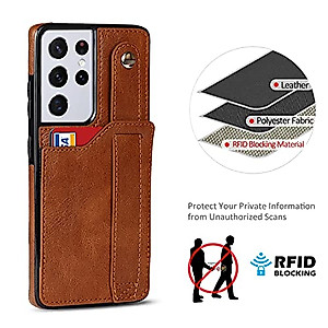 Design for Samsung Galaxy S21 Ultra Phone Case with Screen Protector Adjustable Wrist Strap Kickstand Credit Card Slot Slim Shockproof Hybrid Rugged Protective Cover for Women Girls 6.8 inch Blue