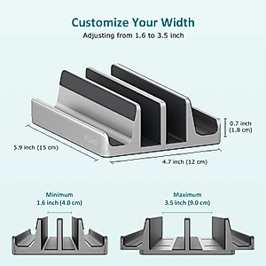 Nukoi Vertical Laptop Stand - SPACEMax Adjustable GRIPLock Anti-Tip Silicone 4 Slots Aluminum Desktop Holder - Double Dock Stand - 2 Phone Slots Fits Up to 17.3” Laptops, Tablets, Phones - Silver