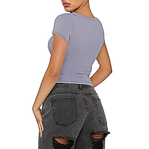 REORIA Women’s Summer Sexy Casual Henley V Neck Button Down Short Sleeve Going Out Y2K Ribbed Tshirts Crop Tops Light Haze Blue Small