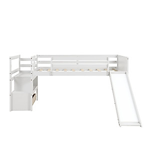 Low Loft Bed with Slide and Stairs Twin Loft Bed with Storage Wood Bed Frame for Kids Teens Girls Boys， White