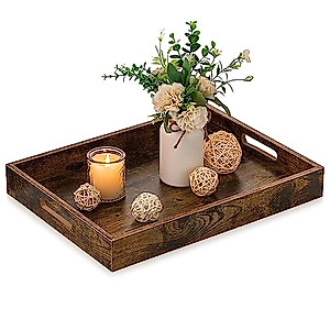 Hanobe Brown Decorative Serving Trays: Rustic Brown Rectangle Tray Decor with Cutout Handles for Coffee Table Ottoman Living Room Kitchen Home Decor, Large