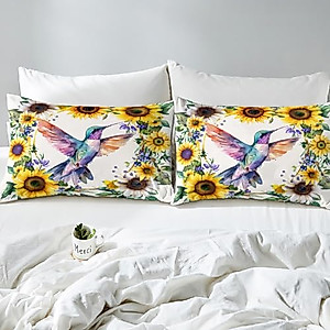 Erosebridal Girls Hummingbird King Bedding Set Rustic Sunflower Comforter Cover for Kids Women Garden Watercolor Bird Flowers Duvet Cover Farmhouse Botanical Leaves Floral Bed Set 2 Pillow Cases