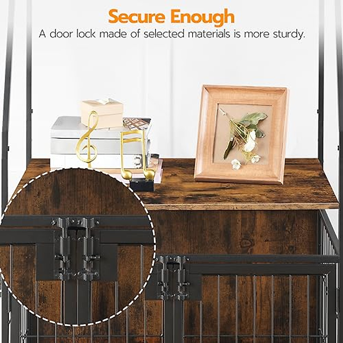 Dog Crate Furniture with Storage Shelves, 31.5 Inch Heavy Duty Dog Crate with Power Outlet, Wooden Dog Kennel Indoor Furniture for Small Medium Dogs, Three Doors, Rustic Brown and Black BF80UGW03
