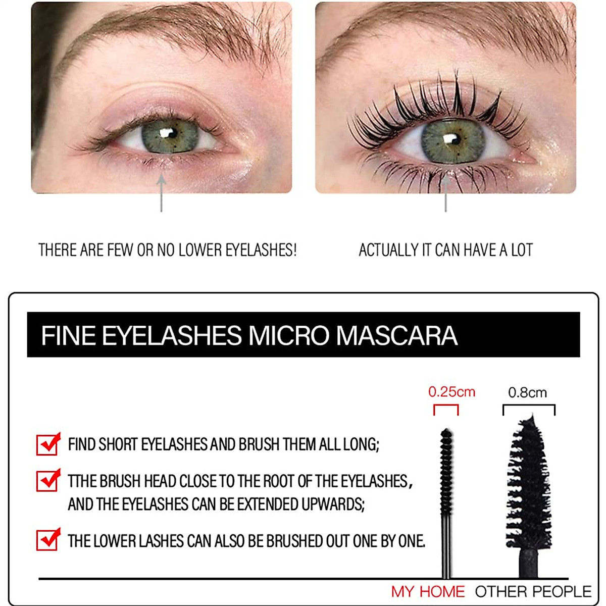 Ultra Fine Waterproof Mascara for Fine Short Eyelash,Skinny Black Mascara,Catching Tiny Eyelashes，Lengthening & Thickening Mascara (1 Pcs)