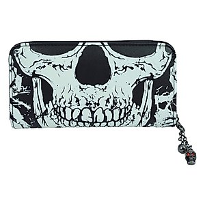 Lost Queen Gothic Death Skull Face Glow in the Dark Zip Around Wallet, Black, Large