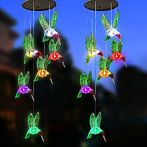 JOIEDOMI 2 Packs Solar Wind Chime, Waterproof Hummingbird Wind Chimes for Outside, Color Changing LED Outdoor Hanging Decorative for Garden/Patio Decor, Thanksgiving Gifts for Mom, Xmas Home Decor