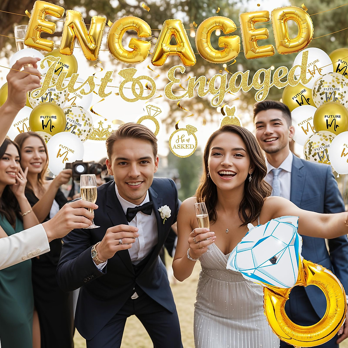 32 Pcs Gold Engagement Party Decorations Just Engaged Banner Diamond Ring Balloons White Gold Engagement Backdrop White Gold Just Married Decorations Kit for Bachelorette Bridal Engagement Party