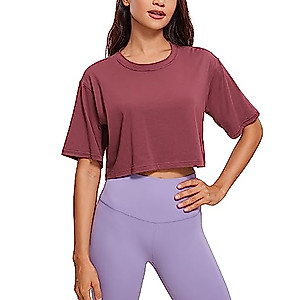 CRZ YOGA Women's Pima Cotton Workout Crop Tops Short Sleeve Yoga Shirts Casual Athletic Running T-Shirts Misty Merlot Small