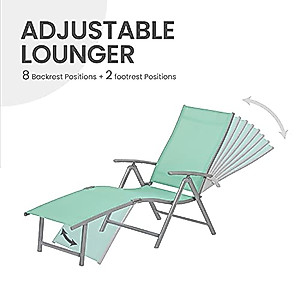 VredHom 3PCS Patio Chaise Lounge & Side Table Set, Outdoor Lounge Chair with End Table Recliner with 8-Positions Adjustable Backrest & Foldable Footrest,Green Textliene & Grey Aluminum Frame