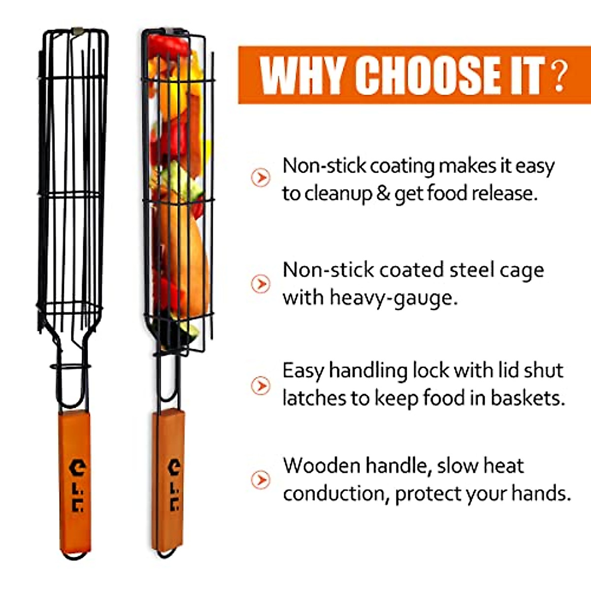 JUCT Portable Grilling Baskets - Set of 4 Companion Nonstick Kabob Grilling Baskets for Outdoor Grill - Kabobs and Loose Veggies，fruits，Vegetable，Onion，Fish，Chicken and Meat Grill Baskets (Basket-4B)