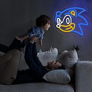 Pinlangdou Sonic the Hedgehog Emerald Neon Sign Anime Hedgehog Neon Sign Cool Game Neon Sign Cartoon Wall Birthday Decoration for Boys and Children's Rooms, blue white orange