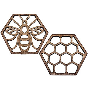 10Pcs Wooden Coaster Hollow Hex Wooden Cup Cushion Honeycomb Design Cup Pad Wall Art Decoratiob for Bee Lovers Collection Housewarming Gift Coffee DIY Bar Home Decor(10Pcs, Bees)