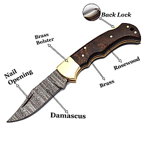 Sky Knives 6.5" Handmade Damascus Steel Folding Hunting Knives For Men, Pocket Knife For Camping, Survival, Skinning And Outdoor Activities With Leather Sheath. (Rosewood)