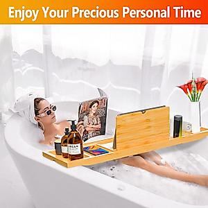 Kalrin Bathtub Tray for Tub, Upgraded Bamboo Bathtub Caddy Tray Expandable & Foldable with Free Soap Dish and Book Stand, Bathtub Table Tray for Luxury Bath Home Spa and Gift Choice - Fits Most Tubs