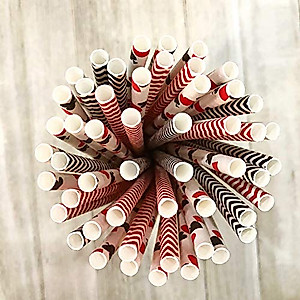 Casino Night Theme Chevron and Card Design Paper Straws - Red Black White - 7.75 Inches - Pack of 100 - Outside the Box Papers Brand