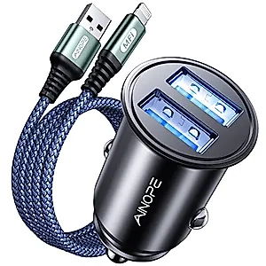 AINOPE iPhone Car Charger [Apple MFi Certified] 24W USB Car Charger Adapter Fast Charging Cigarette Lighter USB Charger with Lightning Cable for Apple iPhone 13/12 Mini/11/Xs/XR/X/8 Plus/7/6s/5/iPad