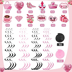 Harloon 39 Pcs Happy Boss's Day Hanging Decorations Include 3 No DIY Boss Day Banner 24 Lady Cutouts with 12 Hanging Swirls Pink Boss's Day Decor for Female Boss Best Boss Ever Party Decorations
