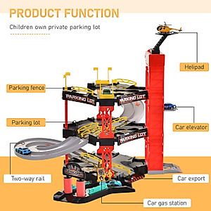 Qaba 3-Level Parking Garage Toy Car Playset with Racetrack, Helicopter Ramp, Elevator, and Cars for Boys and Girls