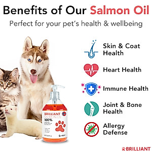 Brilliant Omega 3 Salmon Oil for Dogs & Cats - Norwegian Fish Oil Supplement with EPA & DHA Fatty Acids for Shedding, Allergy, Itching, Dry Skin & Joint Health - Skin and Coat Fish Oil Liquid, 40 Oz
