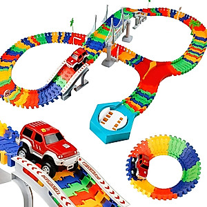 192 Pieces Flexible Race Track Playset - Magic Journey Rainbow Create a Road Super Snap Speedway STEM Building Toy with Race Car for Kids