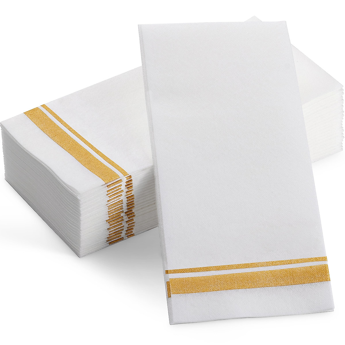 Disposable Linen-Feel Peper Napkins, Decorative White Guest Towels, 12" x 17" Gold Line Hand Napkins For Wdding, Party Or Event - Pack of 100