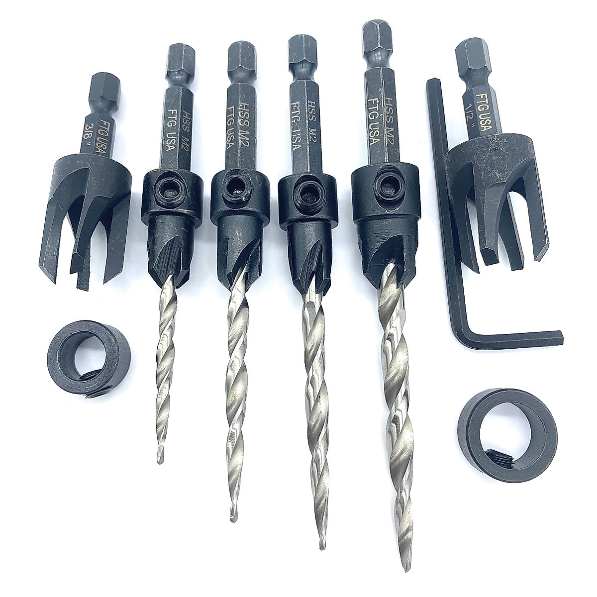 FTG USA Wood Countersink Drill Bit Set Sizes 6 8 10 12 Countersink Tapered Drill Bits, 2 Wood Plug Cutter 3/8" & 1/2" with 3 Replacement Bits #8 (11/64"), 2 Stop Collars, 1 Allen Wrench, Hex Shank