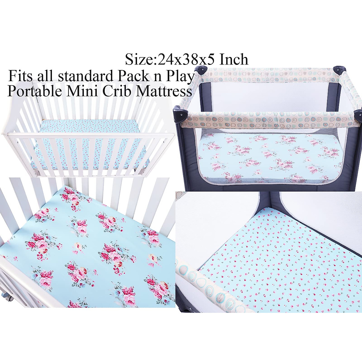 Floral Pack n Play Stretchy Fitted Playard Sheet Portable Mini Crib Sheets Set 2 Pack Jersey Knit Ultra Soft for Baby Girl Boy Blue by Knlpruhk