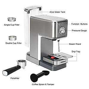 CHULUX Kom-Pro Espresso Machine 20 Bar, Semi Automatic Stainless Steel Coffee Machine for Home Latte Cappuccino Espresso Maker, Powerful Milk Frother Steam Wand