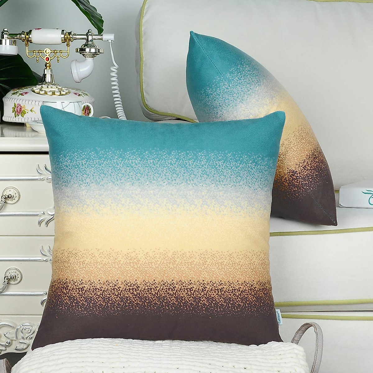 CaliTime Pack of 2 Cozy Fleece Throw Pillow Cases Covers for Couch Bed Sofa Farmhouse Modern Gradient Ombre Rainbow Stripes 20 X 20 Inches Teal to Coffee
