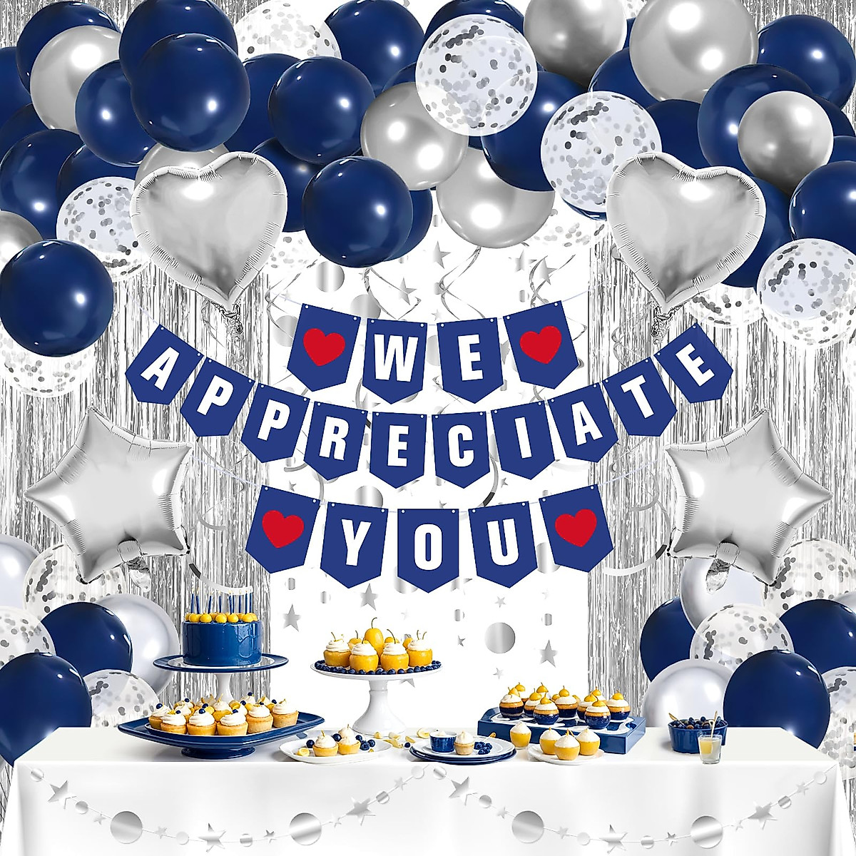 We Appreciate You Decorations Navy Blue Silver Thank You Banner Balloons Foil Fringe Curtains Backdrop Hanging Swirls Streamer Thanks Party for Employee Teacher Doctor Appreciation Party Gifts Decor