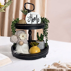 DECORIO Beautiful Tiered Tray Black Slighly Distressed, Two Tiered Wood Decorative Tray - Tiered Tray Stand - Two Tier Tray Tiered Tray Decor - 2 Tier Tray Tiered Serving Tray - Spring Decor 17"