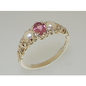 LetsBuyGold 925 Sterling Silver Natural Pink Tourmaline & Cultured Pearl Womens Anniversary Ring - Size 8.25