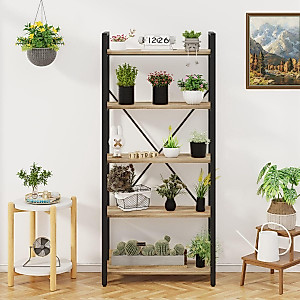 FATORRI 5 Tier Bookshelf, Industrial Wood and Metal Book Shelves for Display, Tall Etagere Bookcase and Rustic Shelving Unit (Rustic Oak)