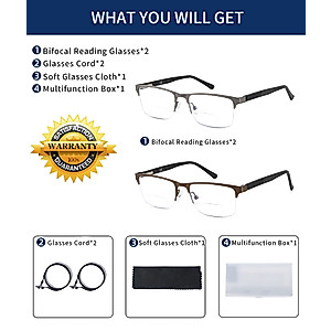 Kafirlo Bifocal Reading Glasses Men Progressive Blue Light Blocking Computer Reader No Line Half Frame Metal Wide Eyeglasses Designer Cheaters Transition Square Stylish Fashion Eyewear +2.00