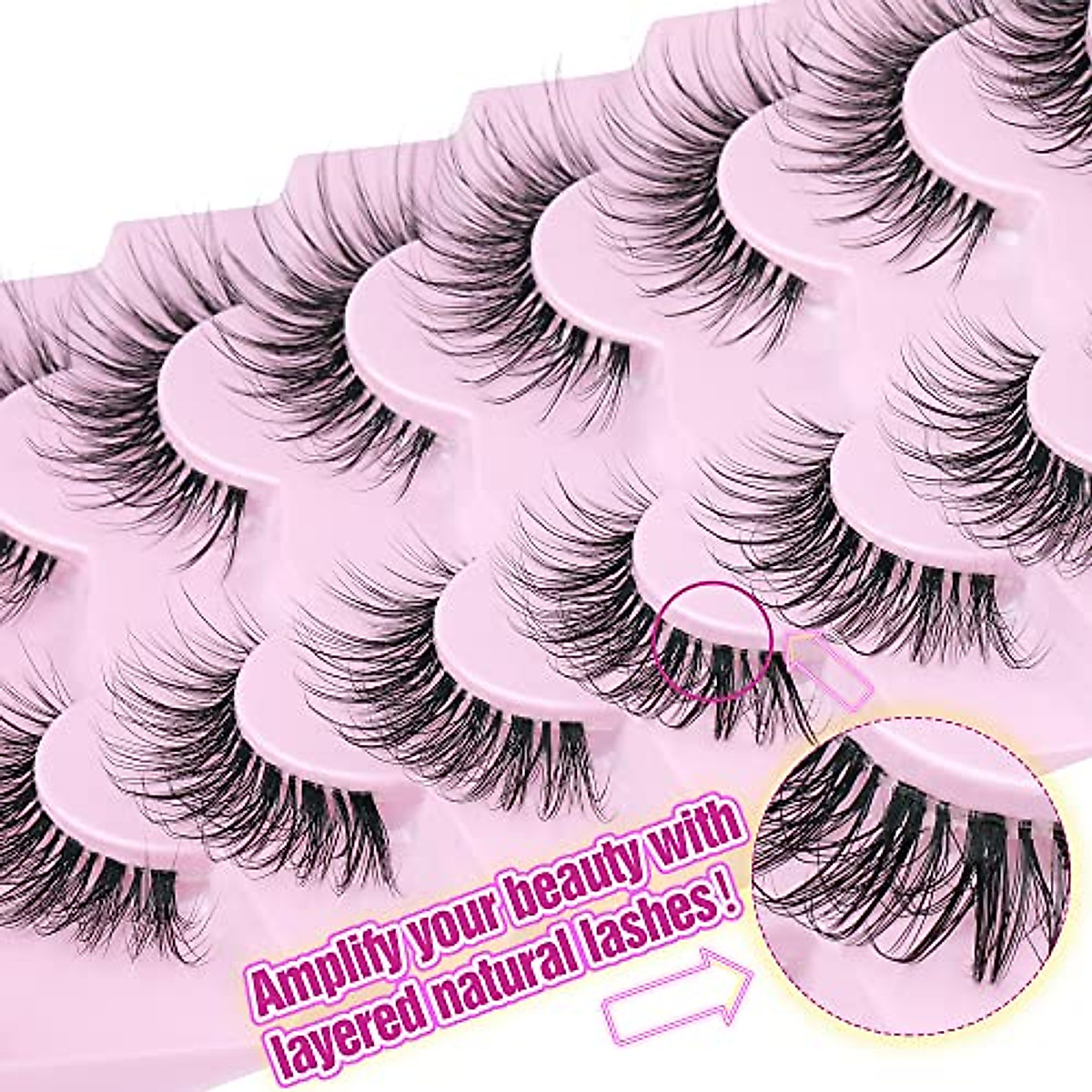 Lashes Natural Look False Eyelashes Wispy Fluffy Lashes Mink Long Curly Fake Eyelashes Cat Eye Lashes with Clear Band 7 Pairs Pack by GVEFETIEE