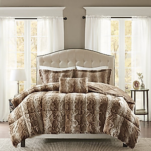 Madison Park Zuri Soft Plush Comforter Set, Faux Fur Animal Stripes Design, Faux Mink On The Reverse, Modern All Season Bedding Set with Matching Sham, King, Tan 4 Piece