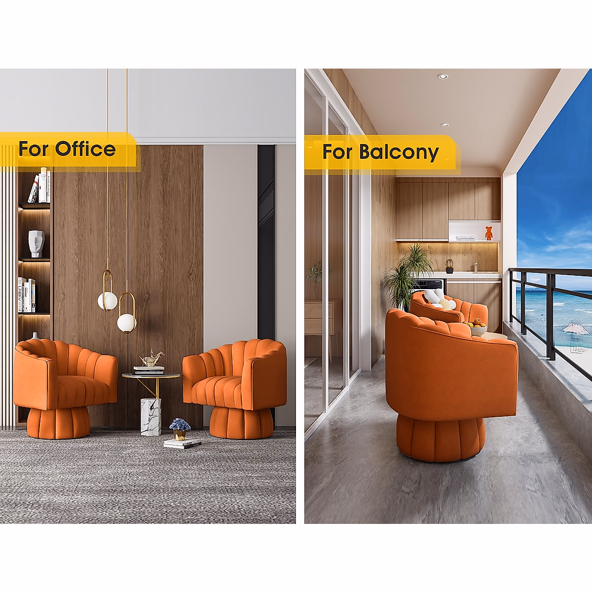 Accent Chair Mid Century 360 Degree Swivel Chair,Modern Lounge Sofa Round Barrel Chair with Wide Upholstered,Fluffy Velvet Fabric Chairs for Home Sofa Living Room/Bedroom/Waiting Room (Orange)