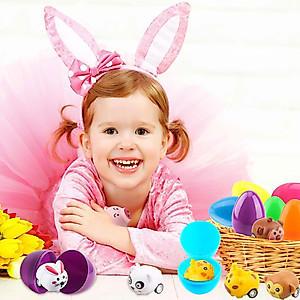 Haconba 24 Pack Easter Eggs Prefilled Stuffed with 24 Pack Mini Easter Rabbit Animal PullBack Toy Cars Inside for Easter Gifts Easter Theme Party Eggs Hunt Game Chest Toys