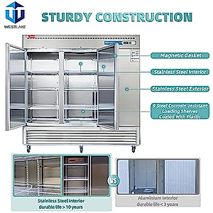 WESTLAKE 72"W Reach-in Commercial Freezer 3 Door 3 Section Stainless Steel Fan Cooling 54 Cu.ft Freezer for Restaurant, Bar, Shop, etc