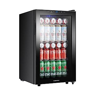 Phiestina Beverage Refrigerator and Cooler Freestanding Beer Cooler 100 cans Big Capacity Drinks Fridge with Interior Lighting Digital Touch Control Removable Shelves for Home/Bar/Office